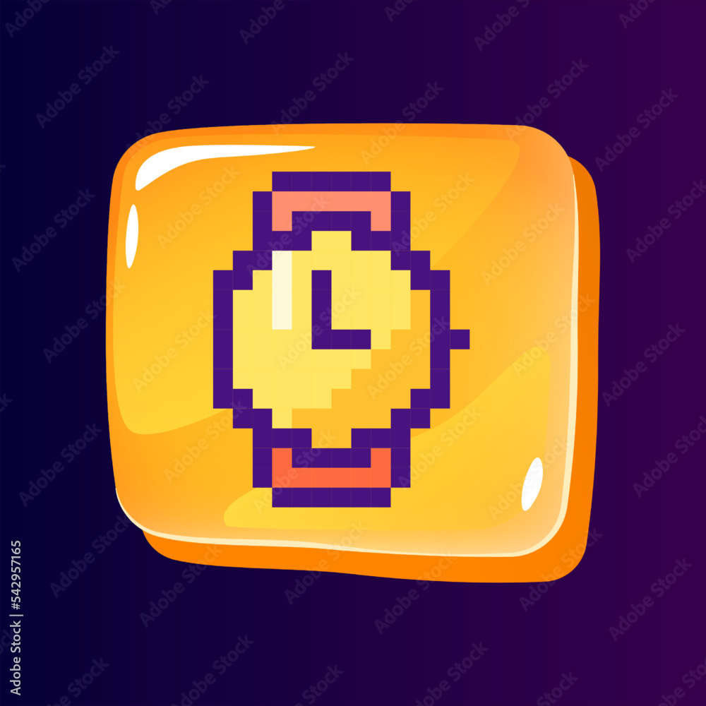 Wristwatch glossy ui button with pixelated color icon. Time measure tool. Accessories store ...