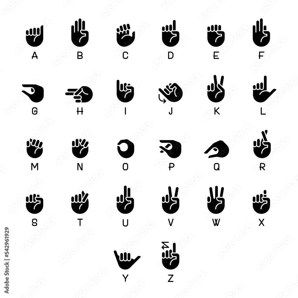 Letters in American sign language black glyph icons set on white space ...