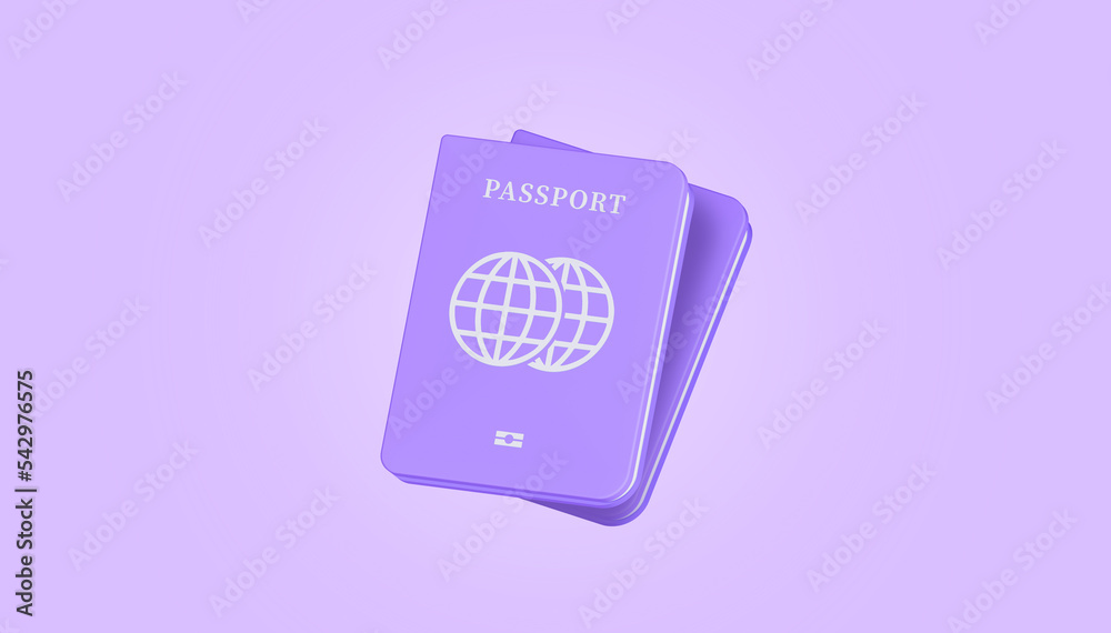 3D purple passport icon. Identification document pastel color banner ...