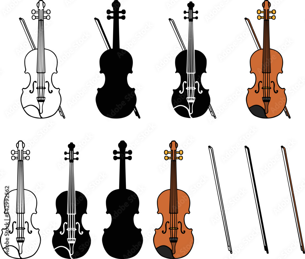 Violin and Bow Clipart Set - Outline, Silhouette & Color Stock Vector ...