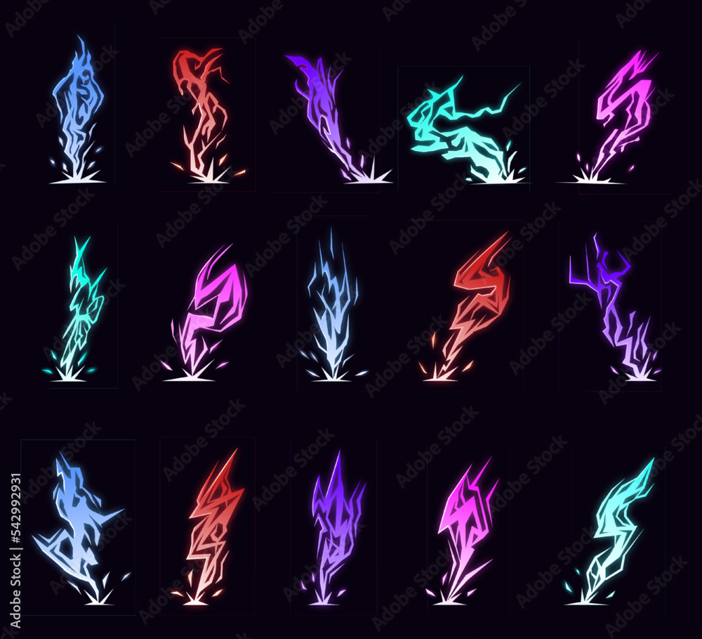 Lightning animation set with sparks. Cartoon lightning effect ...