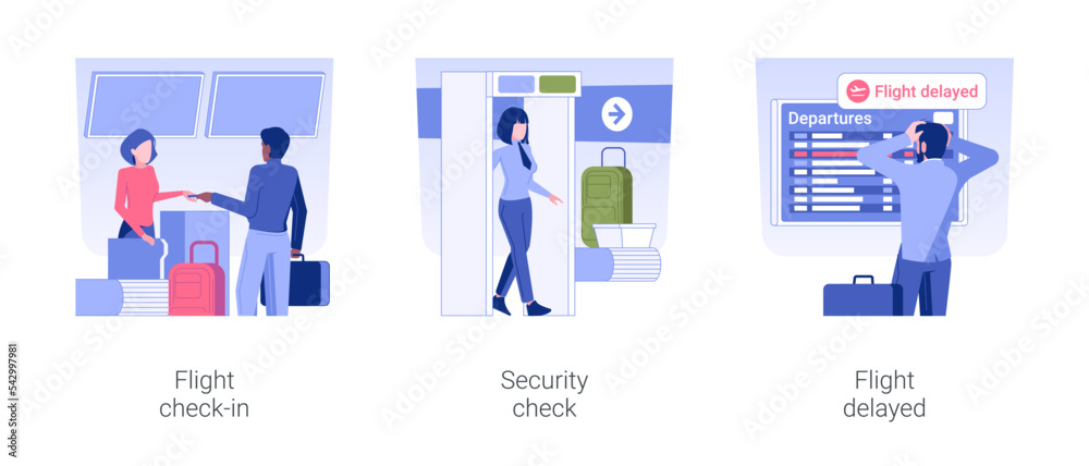 Business trip isolated concept vector illustration set. Flight check-in ... Business trip isolated concept vector illustration set. Flight check-in ...