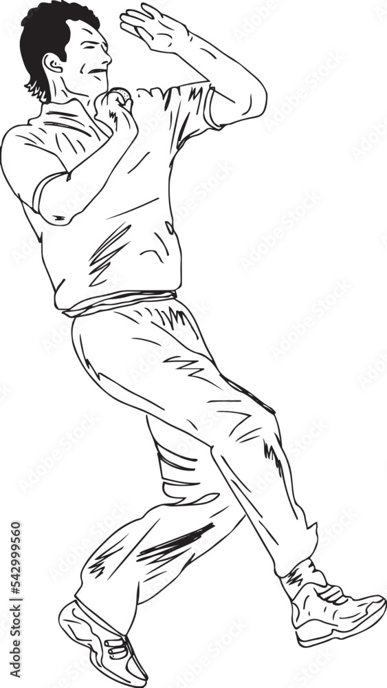 Perfect side on fast bowling action vector illustration, fast bowler in ...