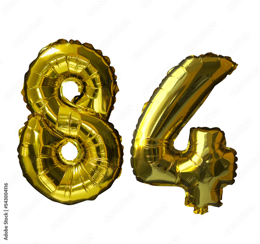 84 Golden number helium balloons isolated background. Realistic foil ...