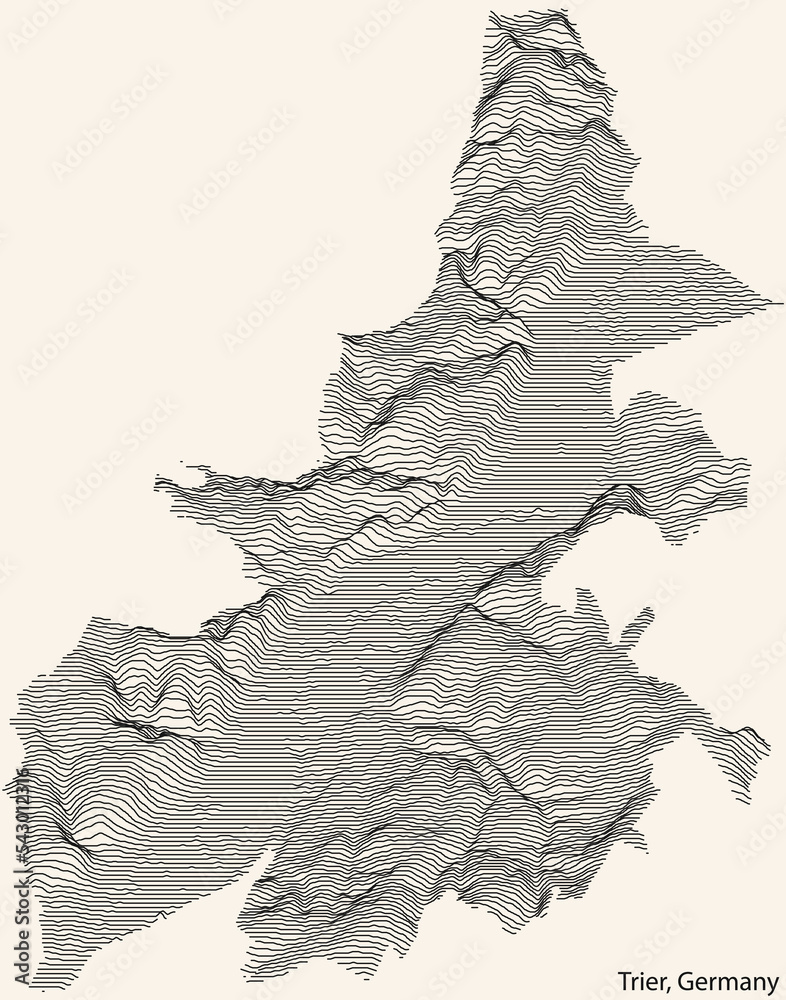 Topographic relief map of the city of TRIER, GERMANY with black contour ...