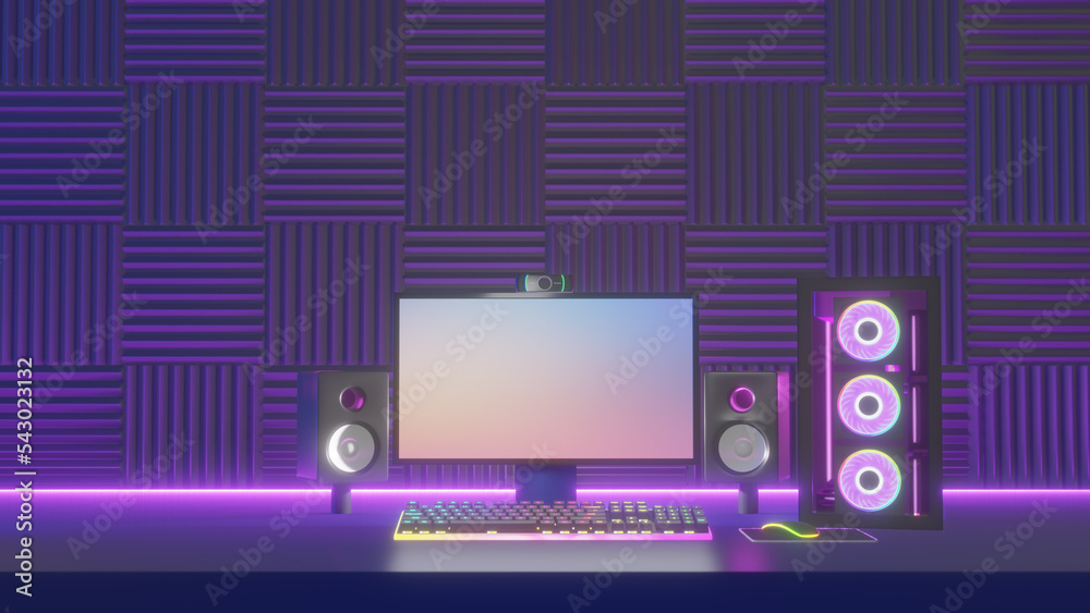 Studio room computer desktop with Acoustic Foam FLAT wall, Modern PC ...
