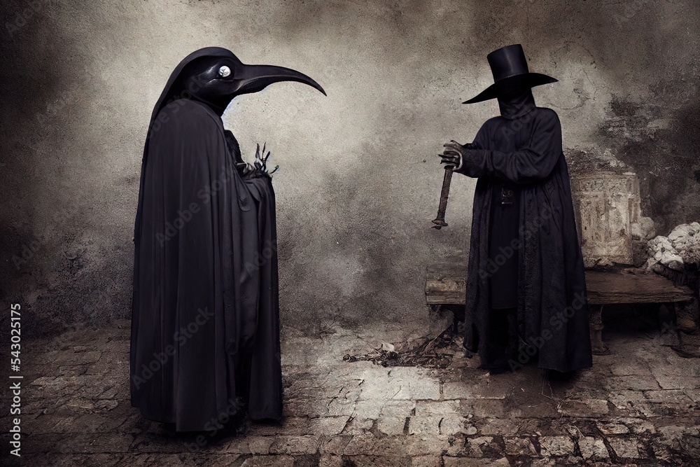 3D rendered computer generated image of a classic plague doctor. Wearing cloak and traditional ...