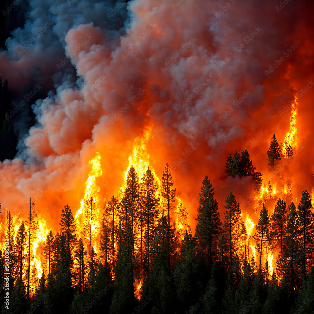 Environment disaster and global warming warning. A large fire is raging ...