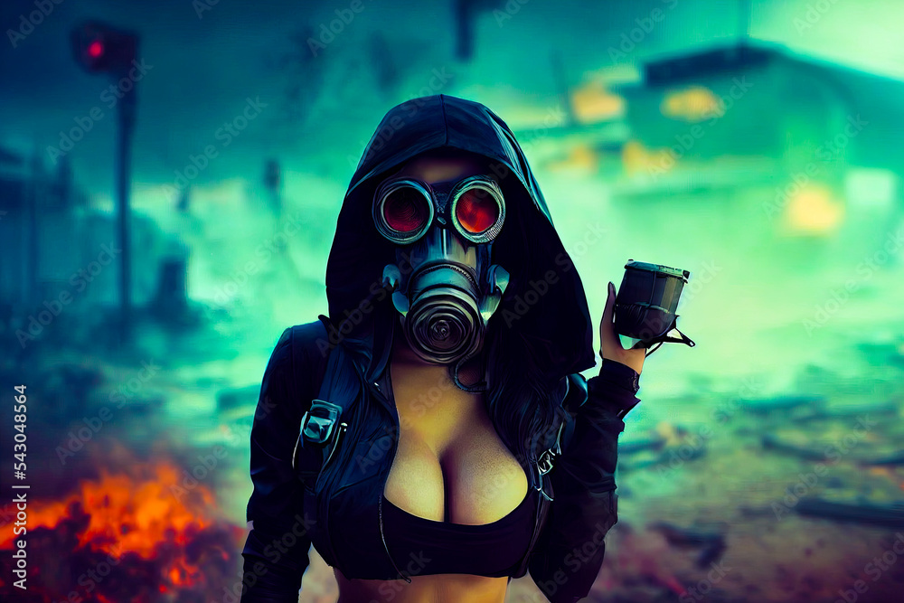 Hot female in gas mask and sexy outfit, cleavage. Apocalypse warrior princess concept, mad max ...