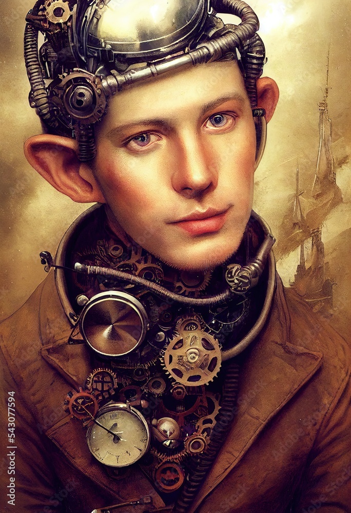A fictional person, not based on a real person. Steampunk mechanized ...