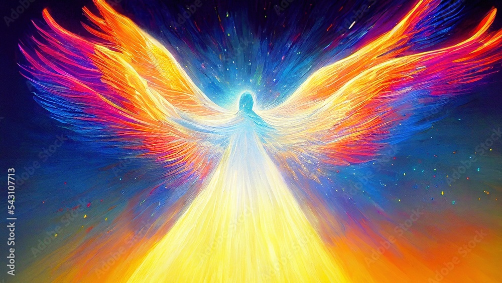 Ai generated digital art of colorful angel with open wings on a dark ...
