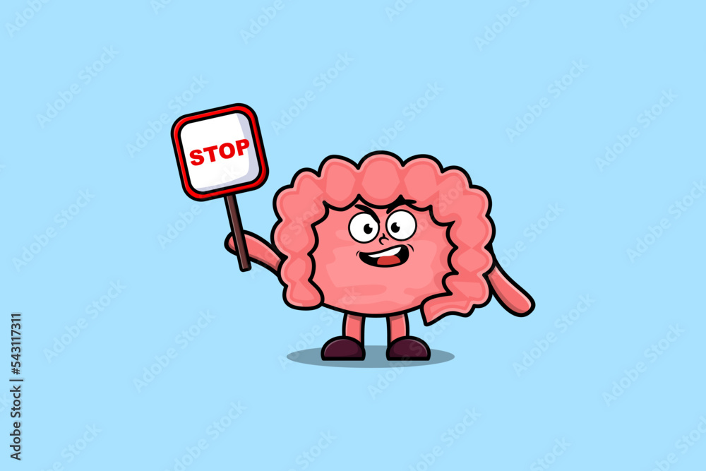 Cute Cartoon mascot illustration Intestine with stop sign board vector ...