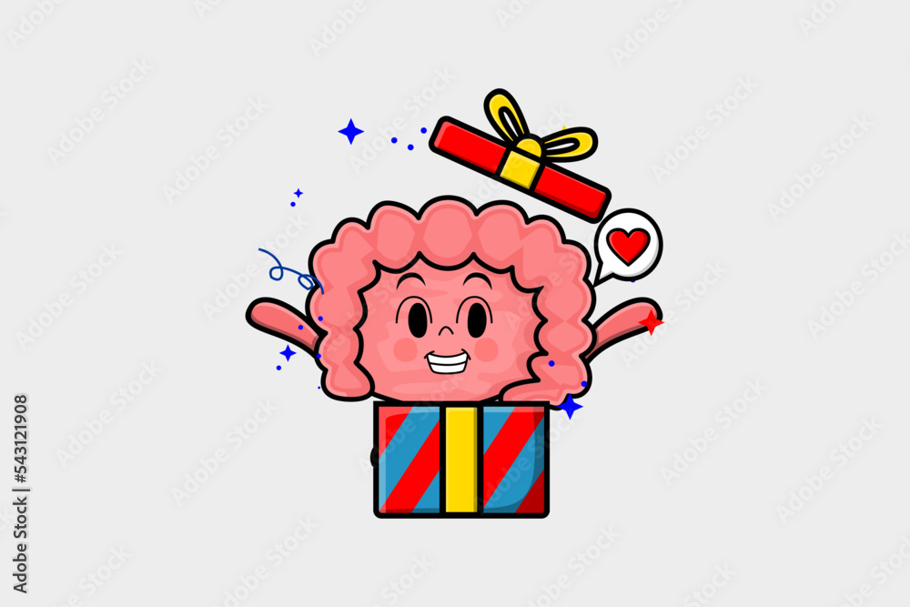 Cute cartoon Intestine character coming out from big gift box look so ...