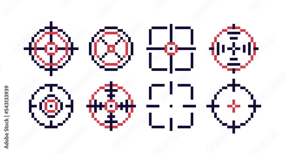Target and aim pixel art set. Sniper aim pointer. Mark cursor ...