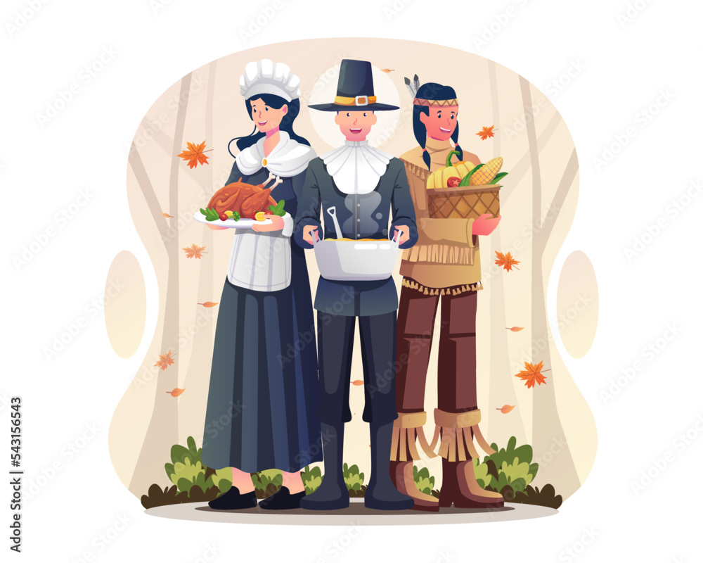 Happy Thanksgiving People in pilgrim and native costumes holding a ...