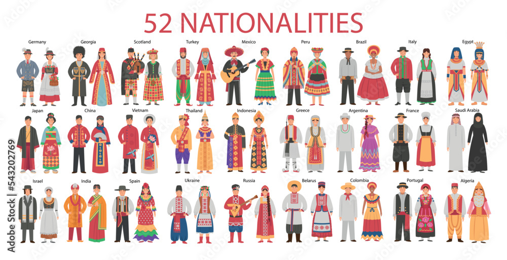 Big set of men and women in folk costumes from different countries. Set ...
