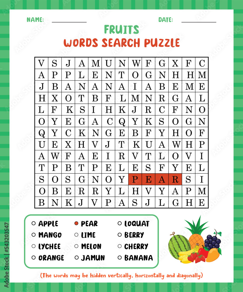 Word search game fruits word search puzzle worksheet for learning ...