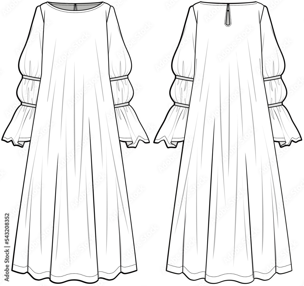 Women Abaya, Long Shirred Puff Sleeves Maxi Dress Front and Back View ...