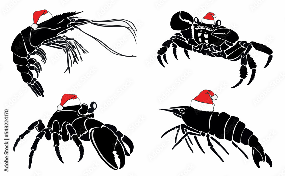 Graphical seafood set,shrimps and crab in red Santa Claus hat isolated ...