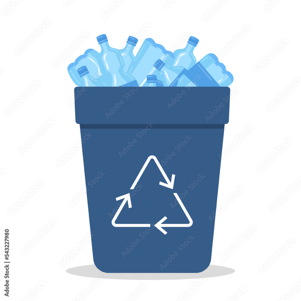 Blue recycle bin with plastic water bottles vector illustration ...