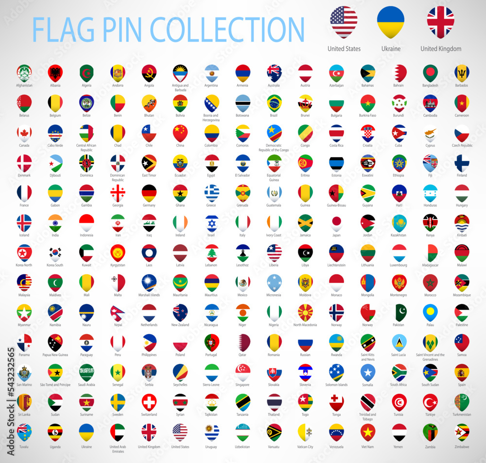 All national flags of the world with names - pin shape with shadow flag ...