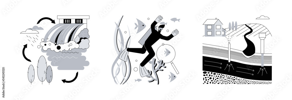Applied geoscience abstract concept vector illustration set. Hydrology ...