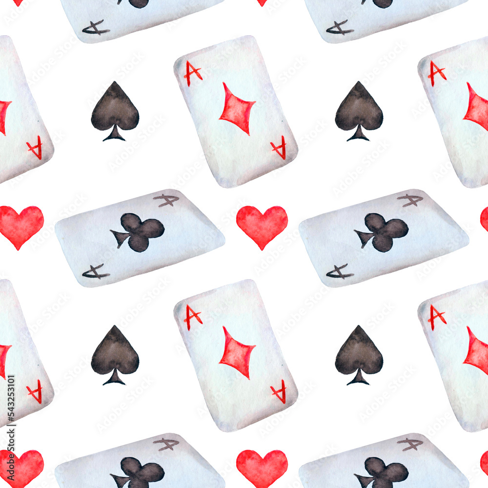 Watercolor Playing card Symbol seamless pattern on white background ...