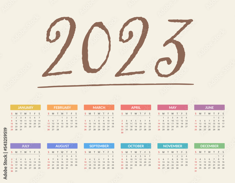 2023 Calendar, week starts on Sunday Stock Vector | Adobe Stock