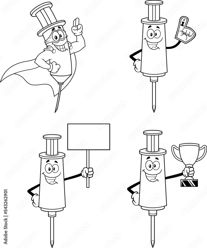 Outlined Syringe Vaccine Cartoon Character In Different Poses. Vector ...