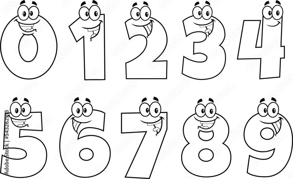 Outlined Funny Number Cartoon Characters Different Poses. Vector Hand ...
