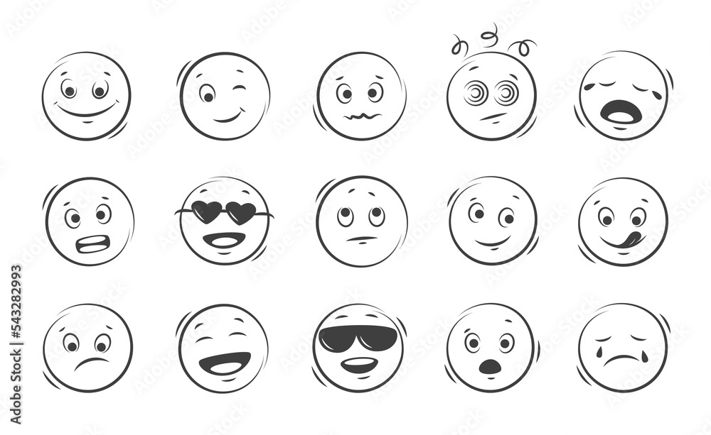 Emoji face icon set. Emoji with different emotion mood. Black and white ...