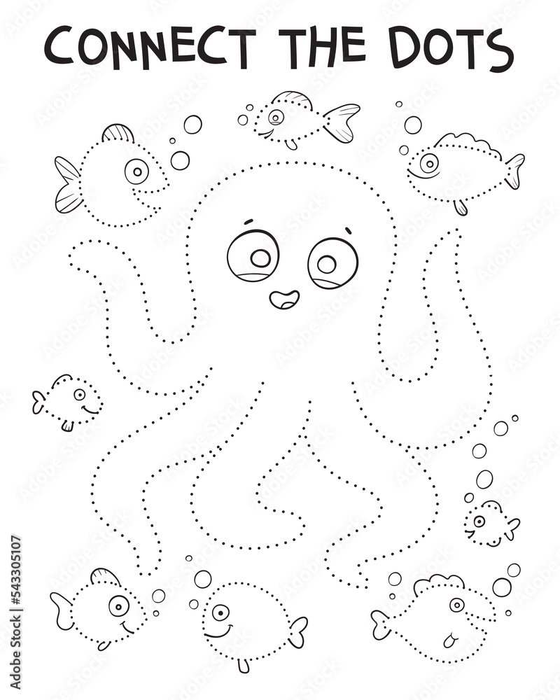 Connect the dots and draw cute cartoon octopus. Dot to dot. Draw a line ...