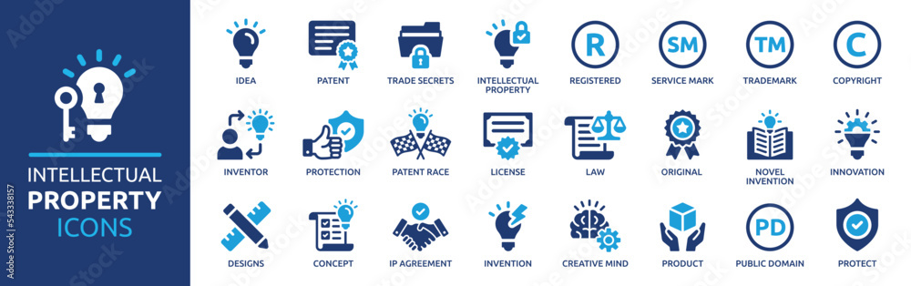Intellectual property icon set. Containing copyright, trademark, registered, service mark ...