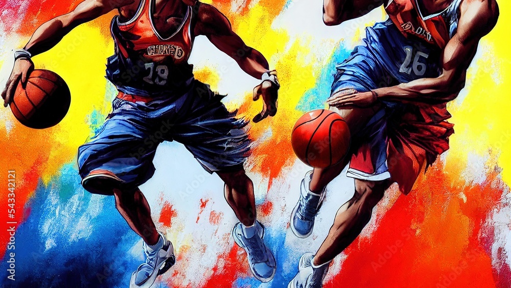 Colorful AI-generated illustration of two basketball players bouncing ...