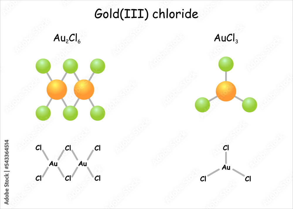 Stylized molecule model/structural formula of gold (III) chloride ...
