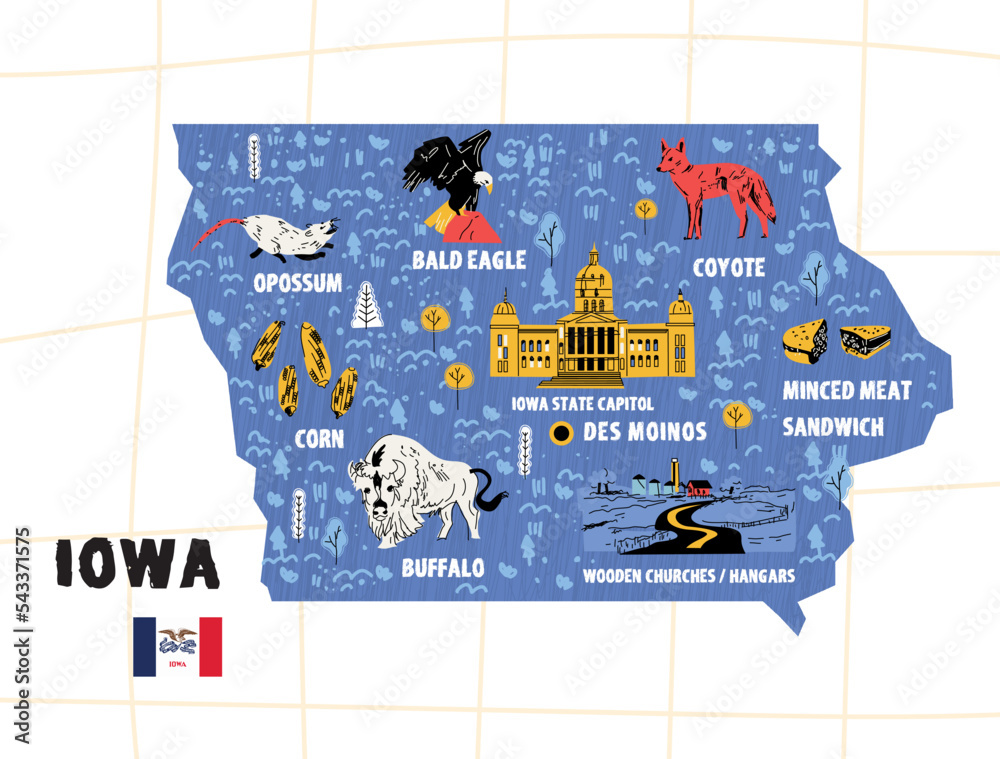 Stock-Vektorgrafik „USA Iowa map flat hand drawn vector illustration ...