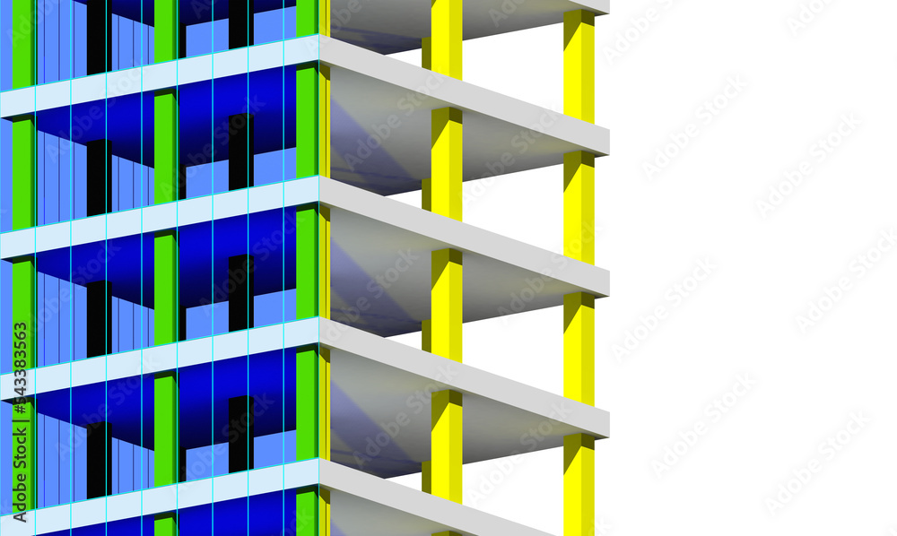 pillars in 3D graphics, section of the building as a "prototype" with ...