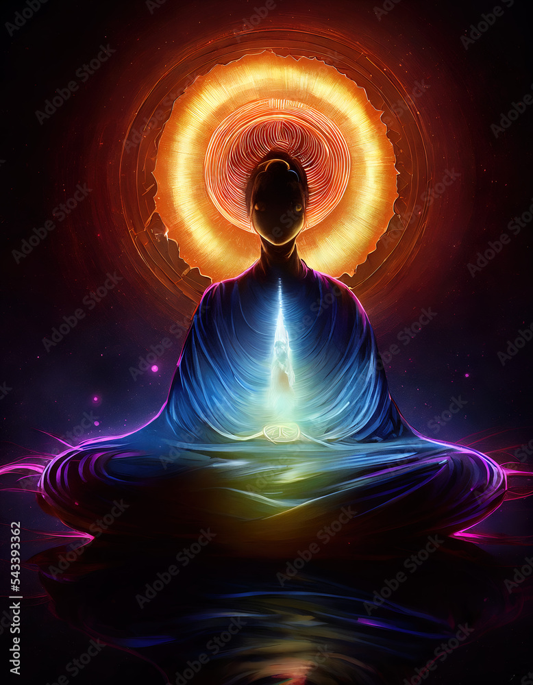 Meditation in the center of oneself, soul one with the universe, energy ...