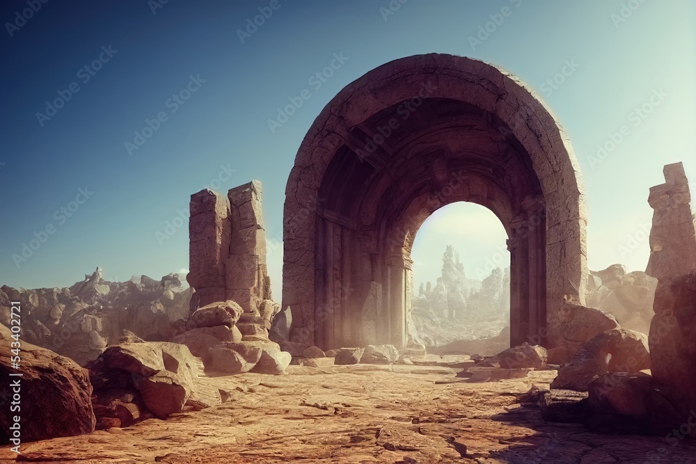 Raster illustration of clay orange arch in uninhabited desert. Old ...
