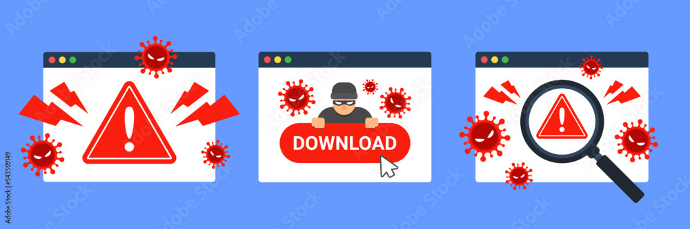 Collection of internet threat icons. Web browser windows with virus ...