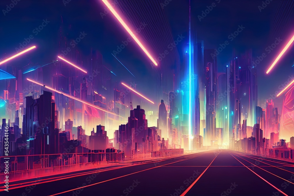 Panorama view of Metaverse, Futuristic city neon light with power ...