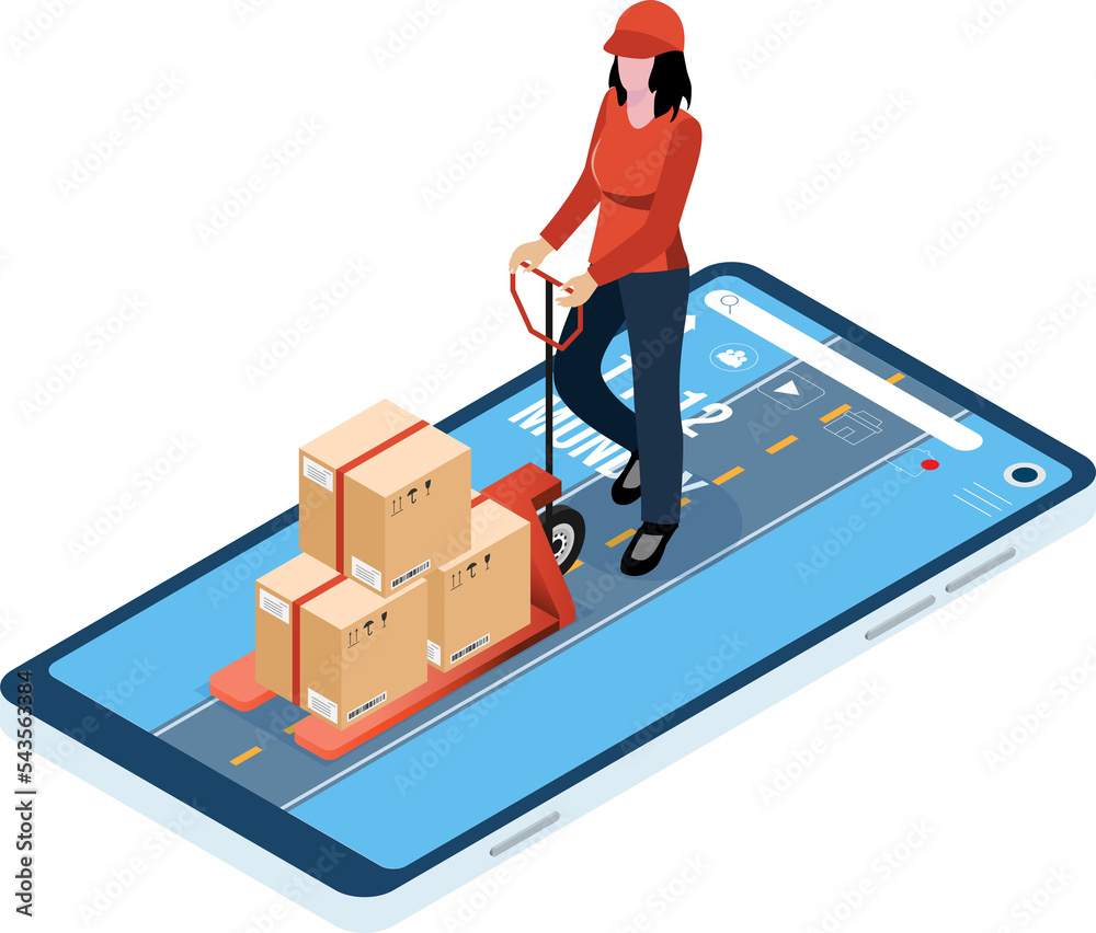 3D isometric Logistics and Delivery services concept with People transport product boxes from ...