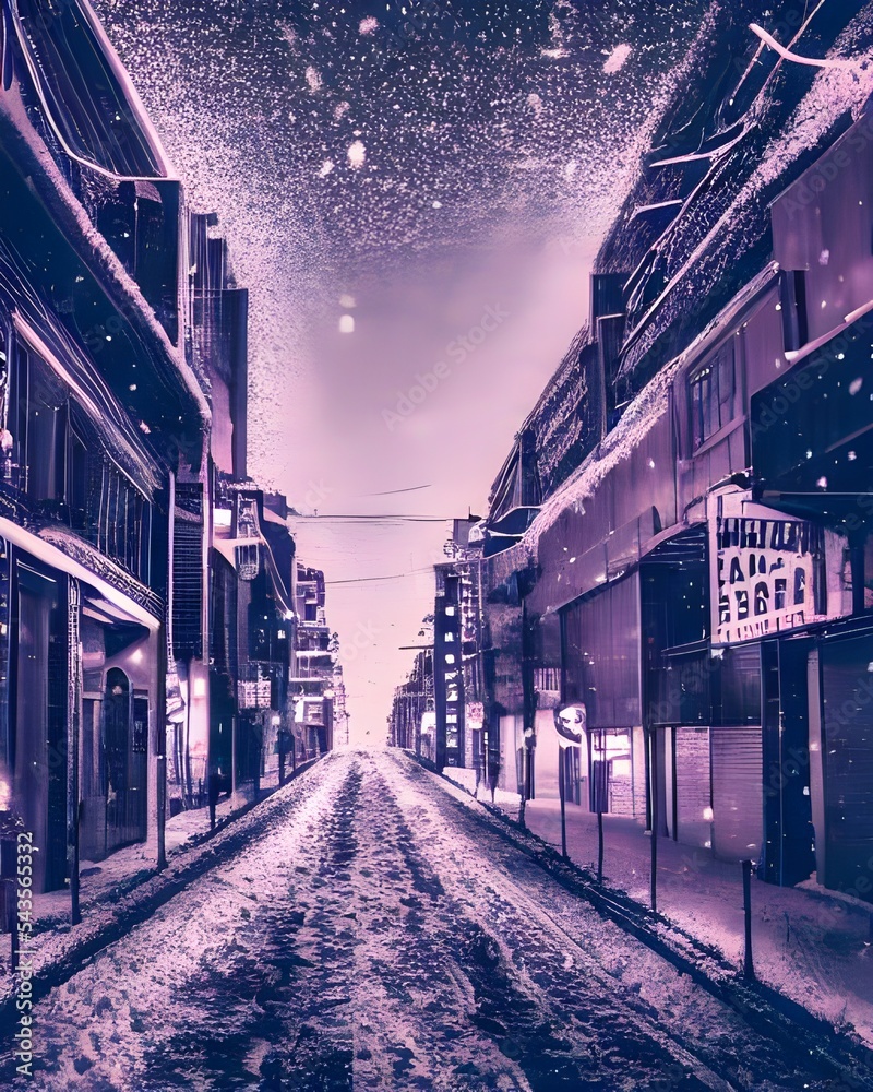 It is a city street winter evening. The moon casts a pale light on the ...