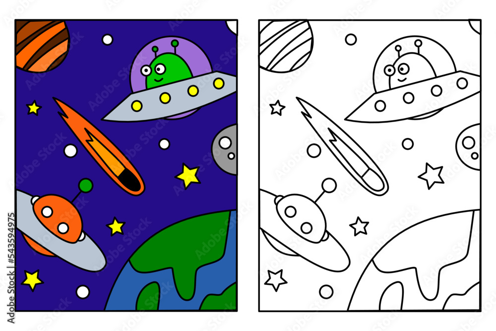 Cute ufo and spaceship flying in space coloring page for kids drawing ...