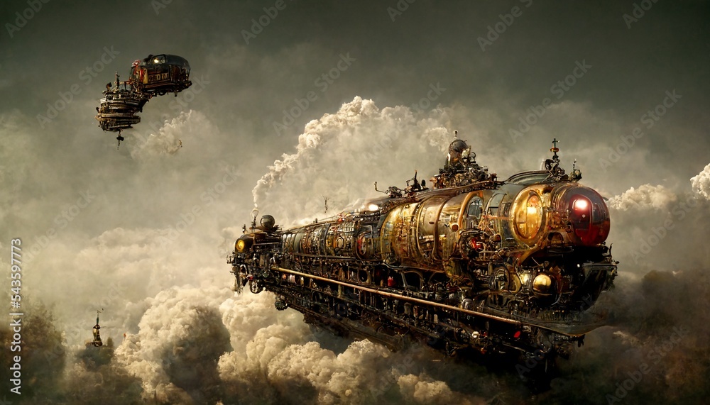 Surreal Giant train of SteamPunk style, grand and grotesque atmosphere ...
