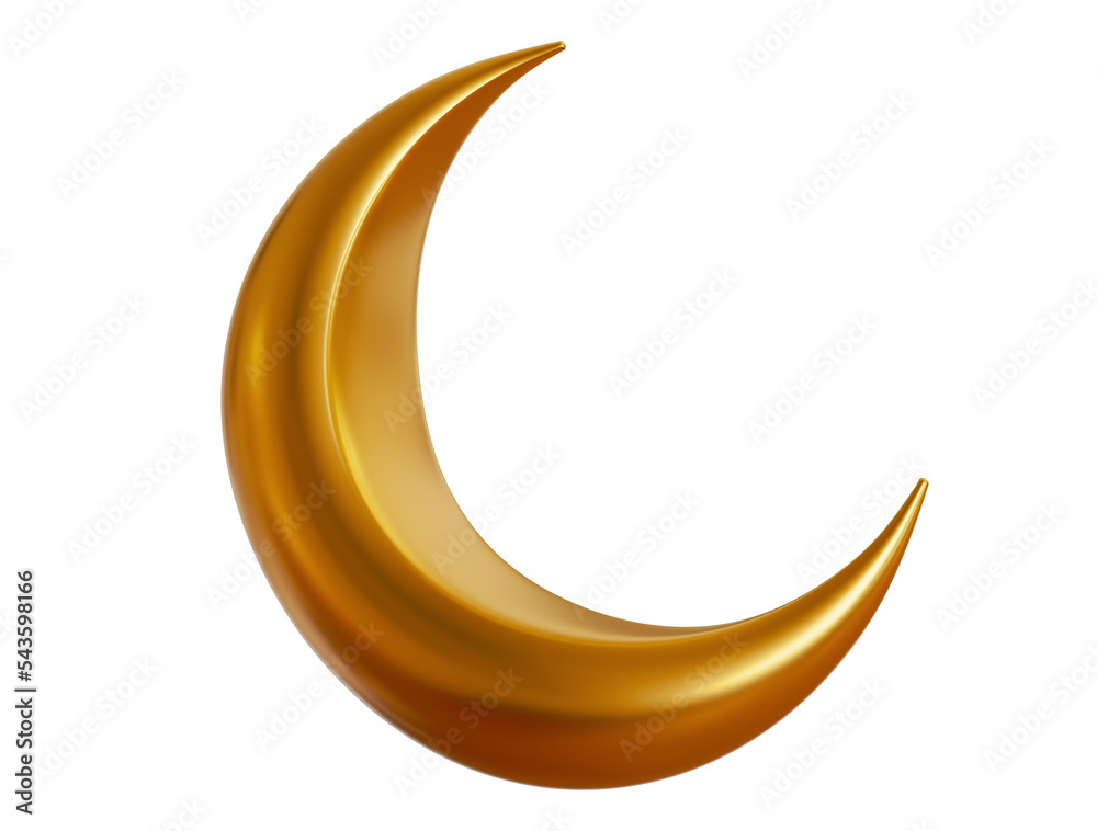 3d golden crescent moon symbol. Yellow metallic moon with light and ...
