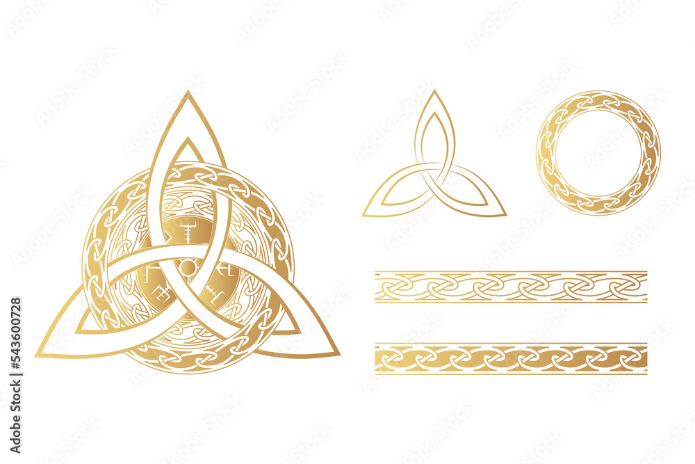 Golden viking symbols. Triquetra and Vegvisir, magic runic compass, in ...