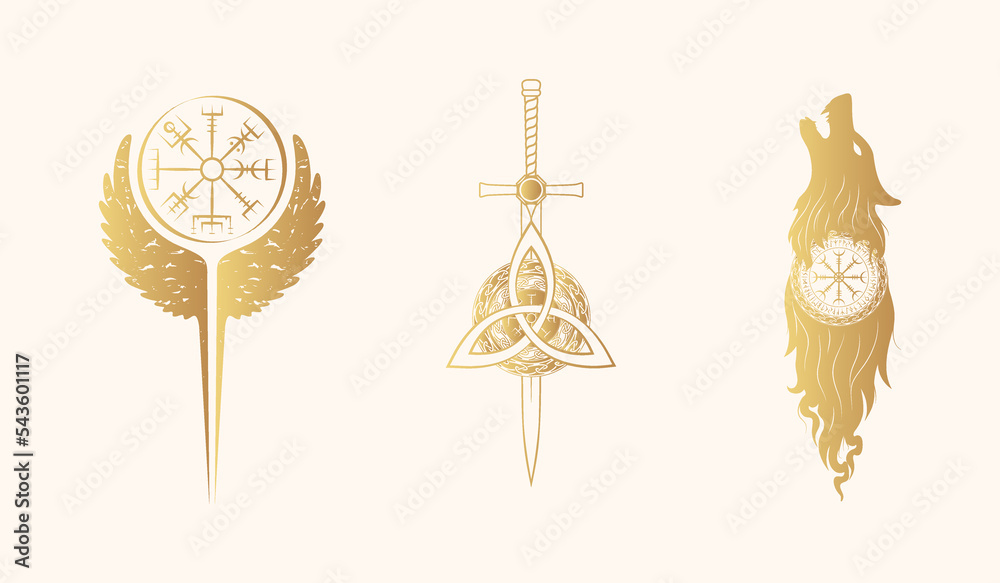 Golden viking symbols isolated set. Hand drawn collection of pagan ...