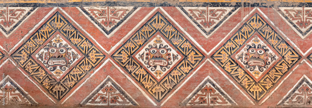Wall mural at Huaca de la Luna (Pyramid of the Moon) with the effigy of ...