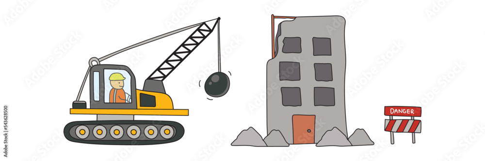 Kids drawing vector Illustration of construction site with demolition ...